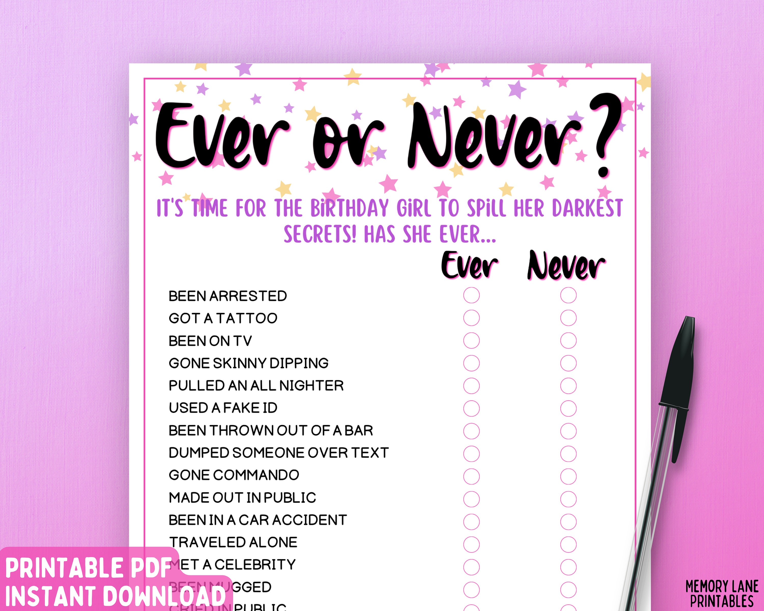 Ever or Never Birthday Game | Birthday Game for Her | Adult Birthday ...