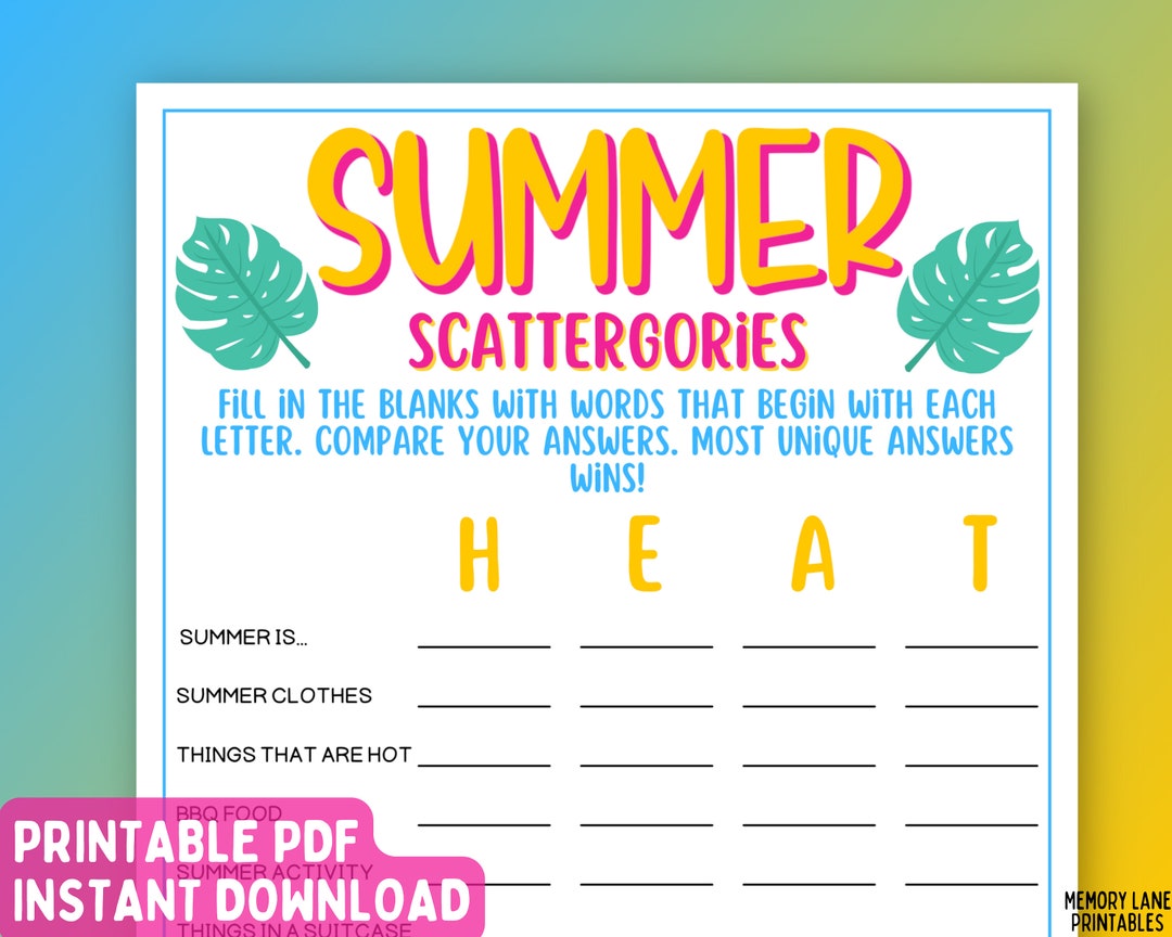 Summer Scattergories Game | Summer Party Game | Fun Printable ...
