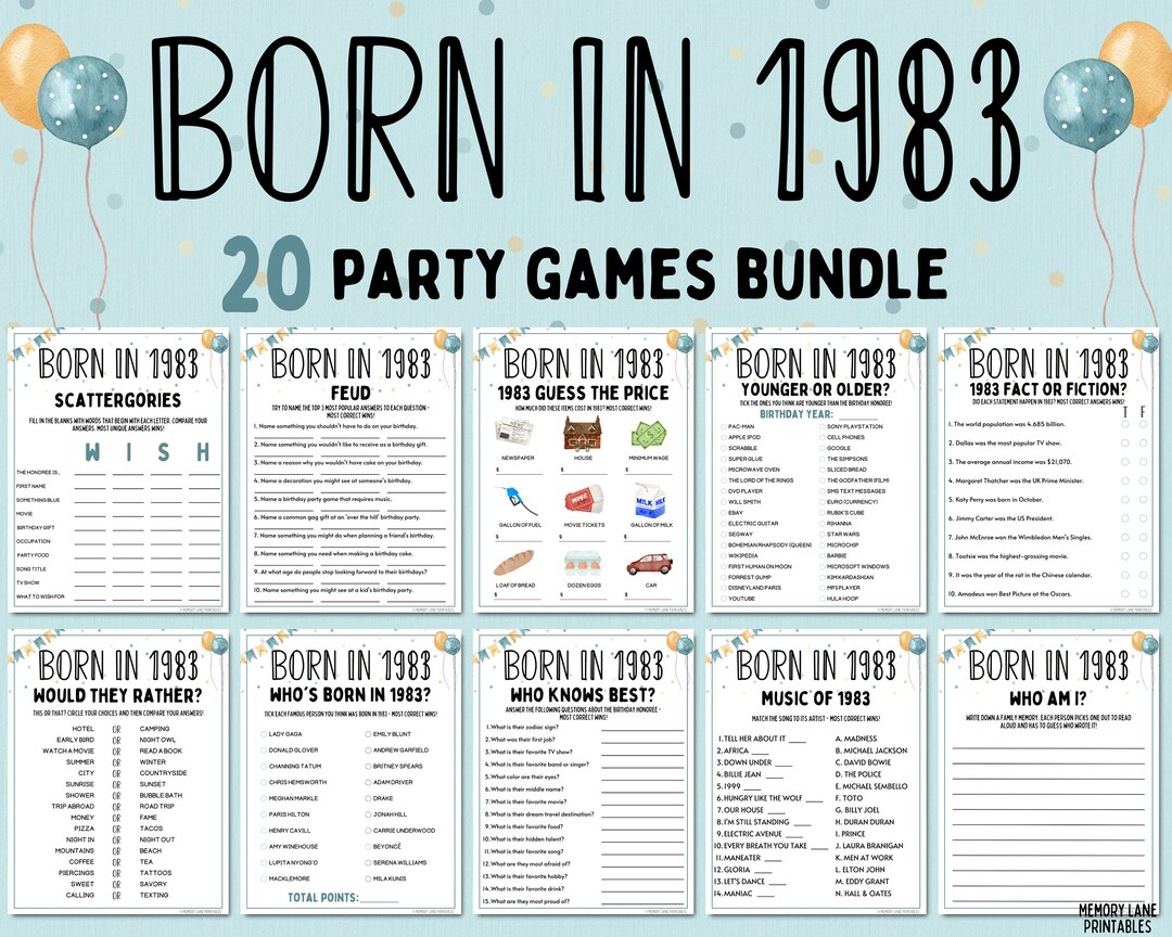 40th Birthday Party Games Bundle Born in 1983 Games 40th - Etsy