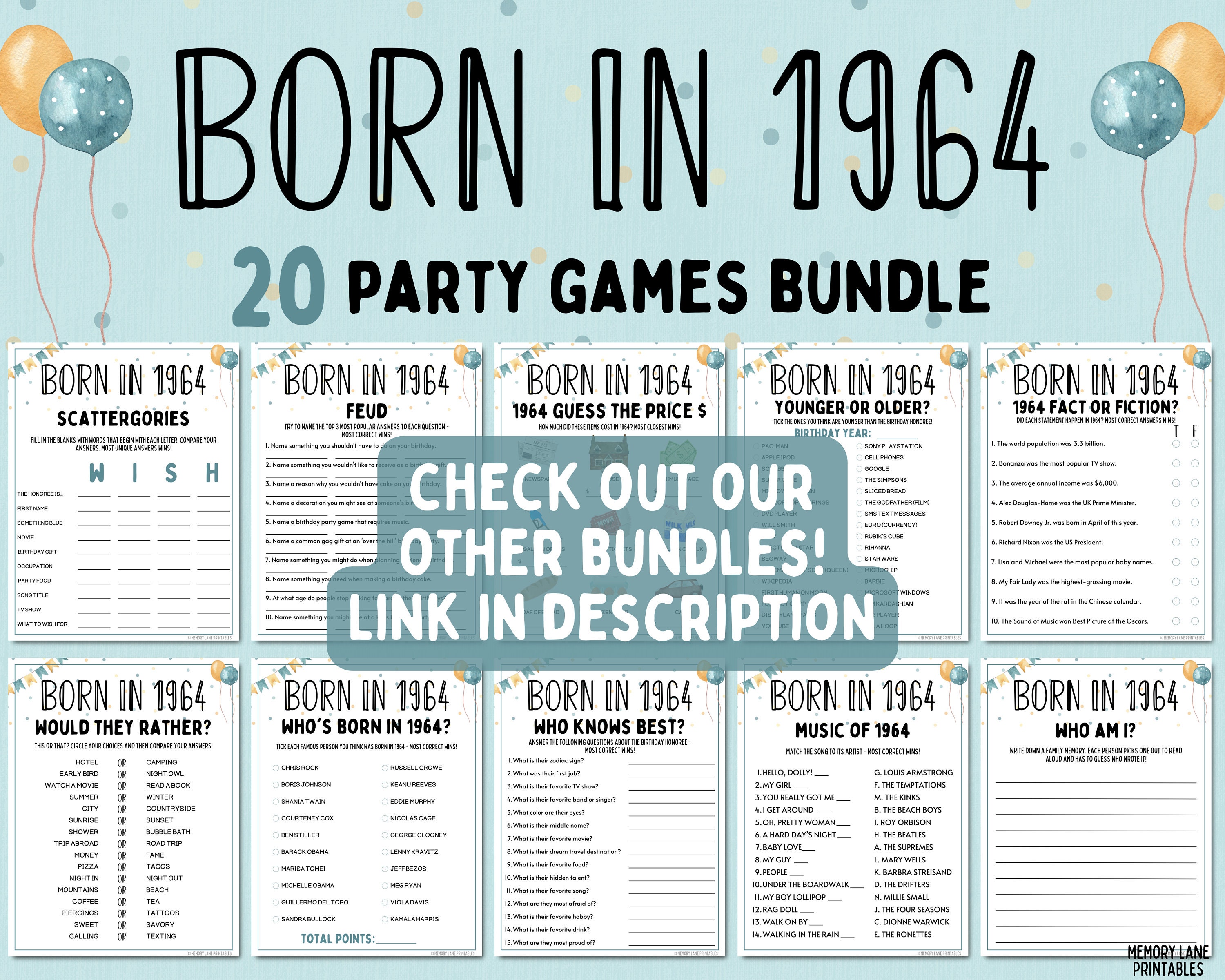 60th Birthday Party Games Bundle Born in 1964 Games 60th Birthday Games ...