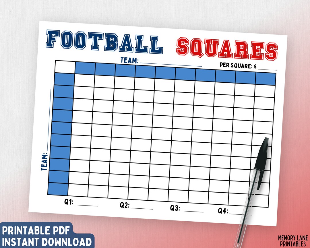 Football Squares Game Super Bowl Party Game Fun Printable Game Big Game ...