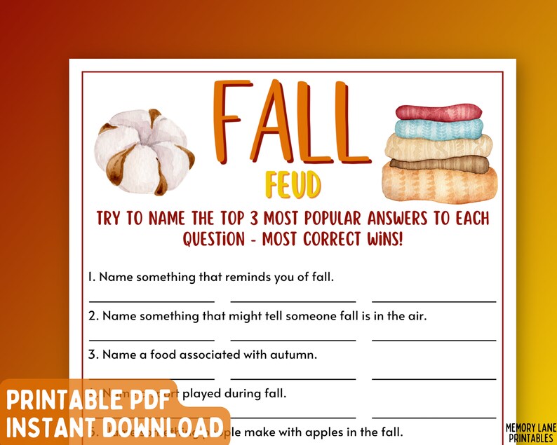 Fall Feud Game | Autumn Party Game | Fun Printable Fall Game | Autumn ...
