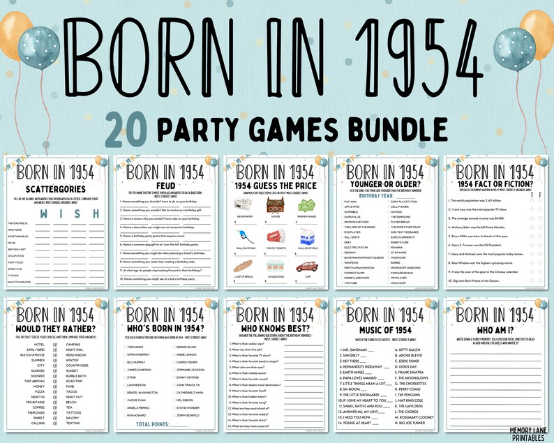 70th Birthday Party Games Bundle Born In 1954 Games 70th Birthday Games