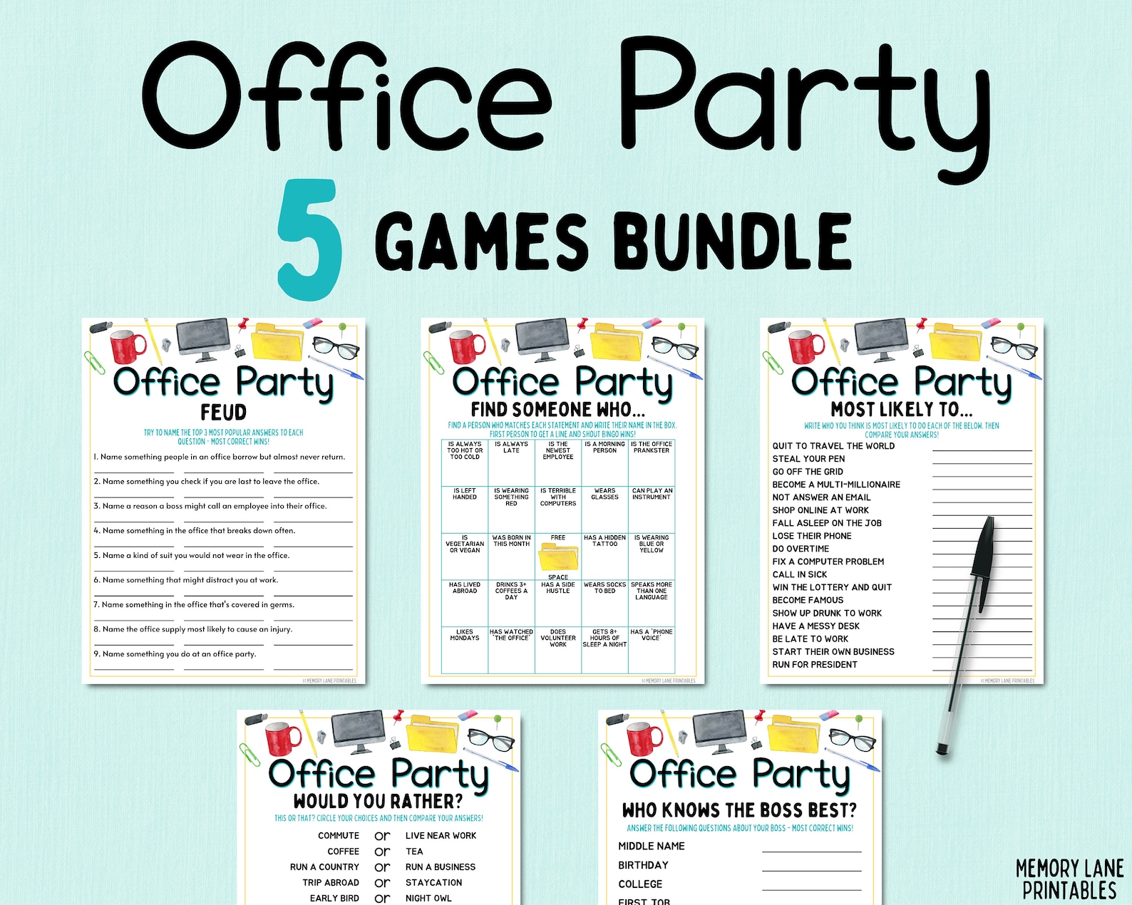 Office Party Games Bundle | Work Party Games | Fun Printable Games ...