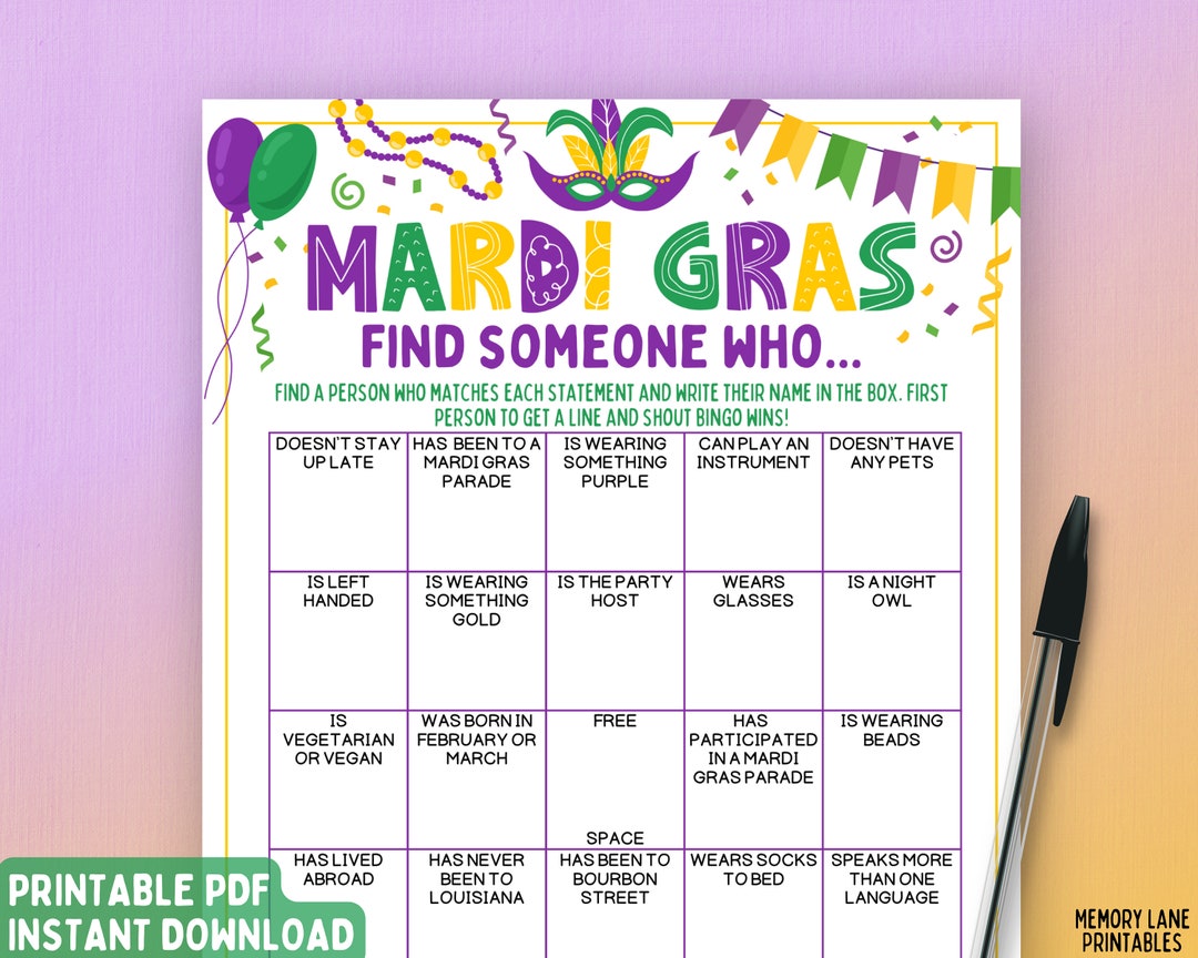 Mardi Gras Find Someone Who Game | Mardi Gras Party Game | Fun ...