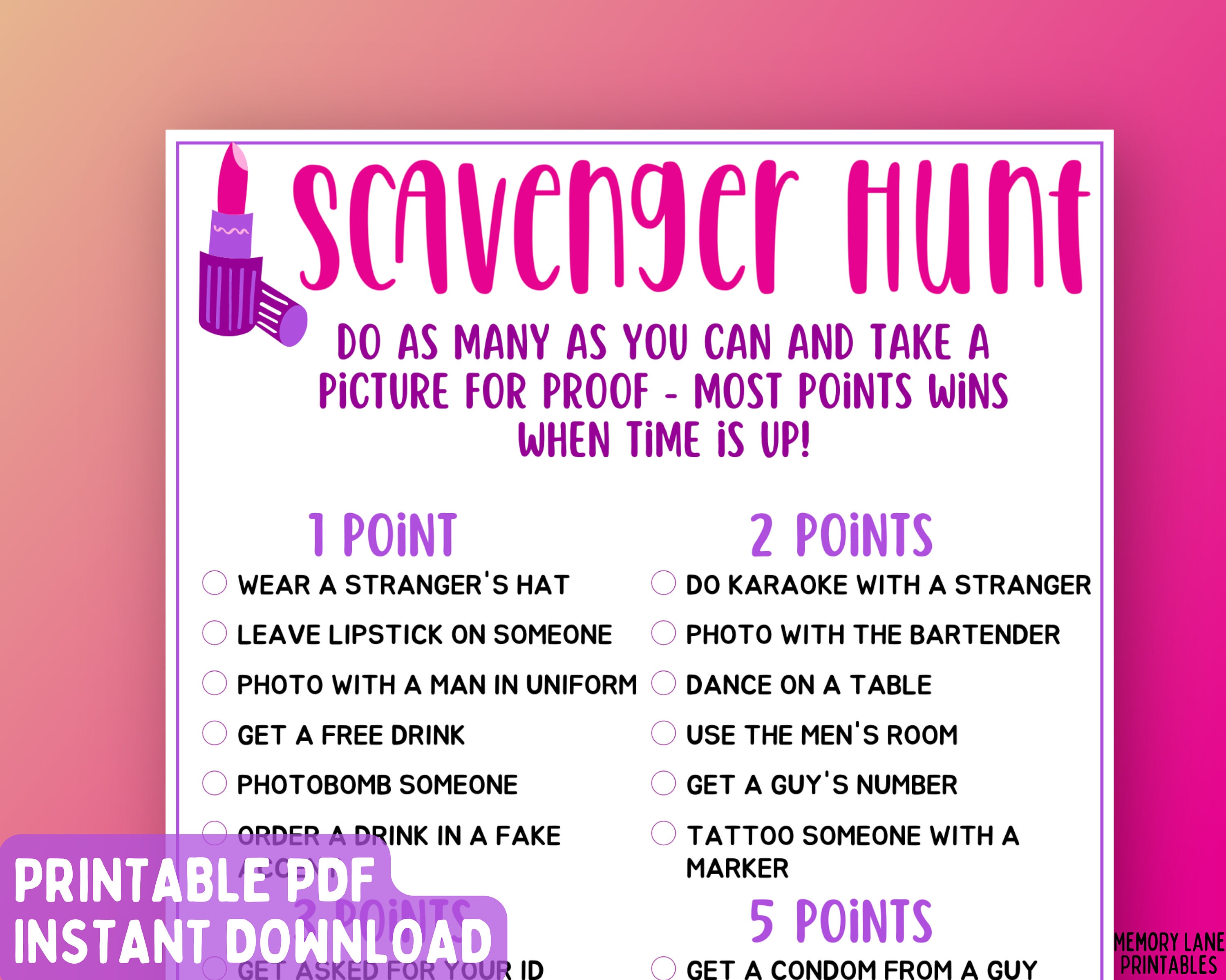 Ladies' Night Scavenger Hunt Game | Ladies Night Party Game | Fun Girls ...