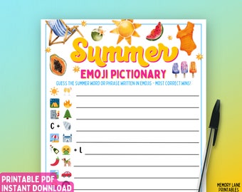 Summer Emoji Pictionary Game, Summer Fun Games, Family Games, Printable ...
