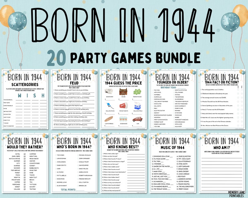 80th Birthday Party Games Bundle Born in 1944 Games 80th Birthday Games ...