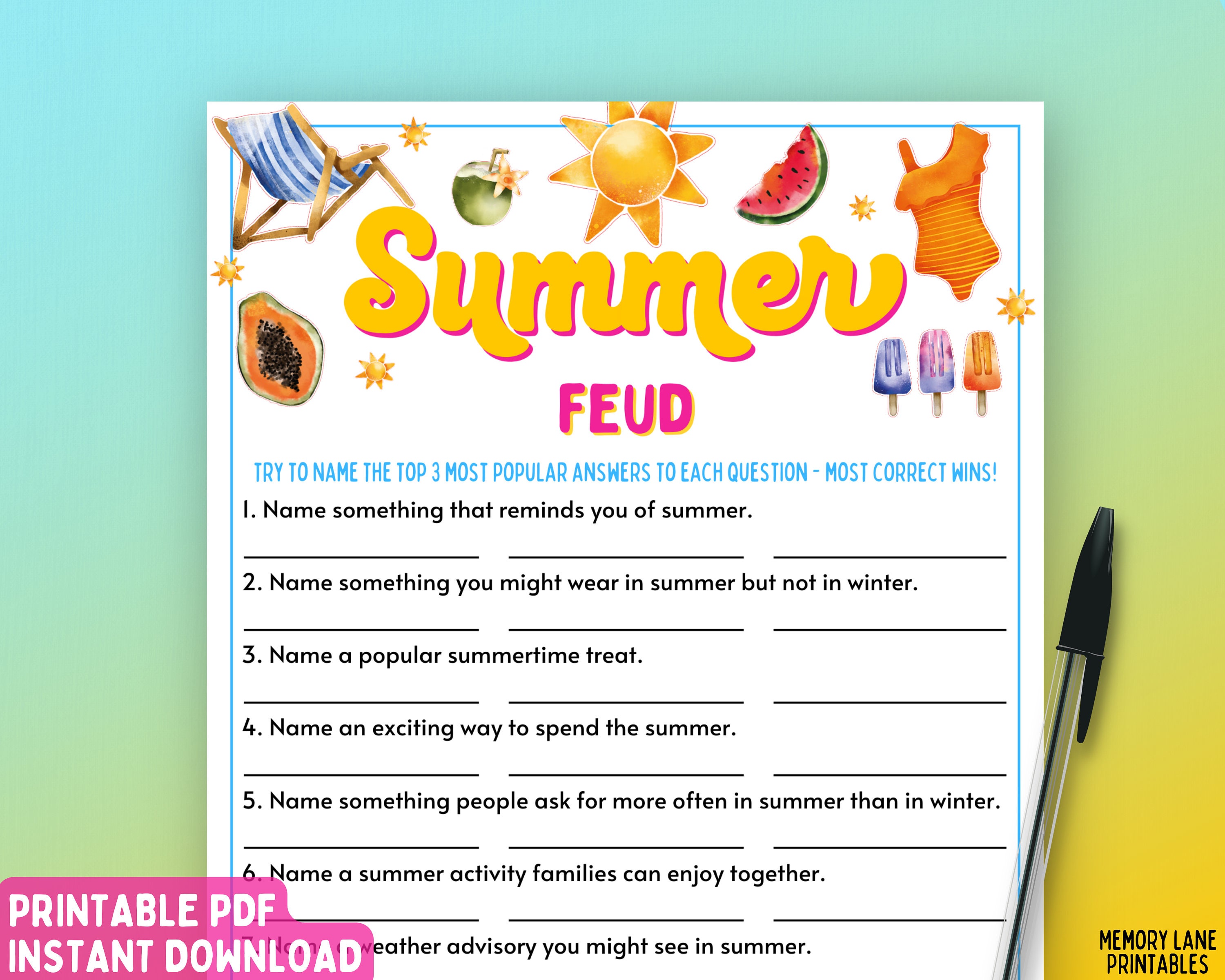 Summer Feud Game | Summer Party Game | Fun Printable Summertime Game ...