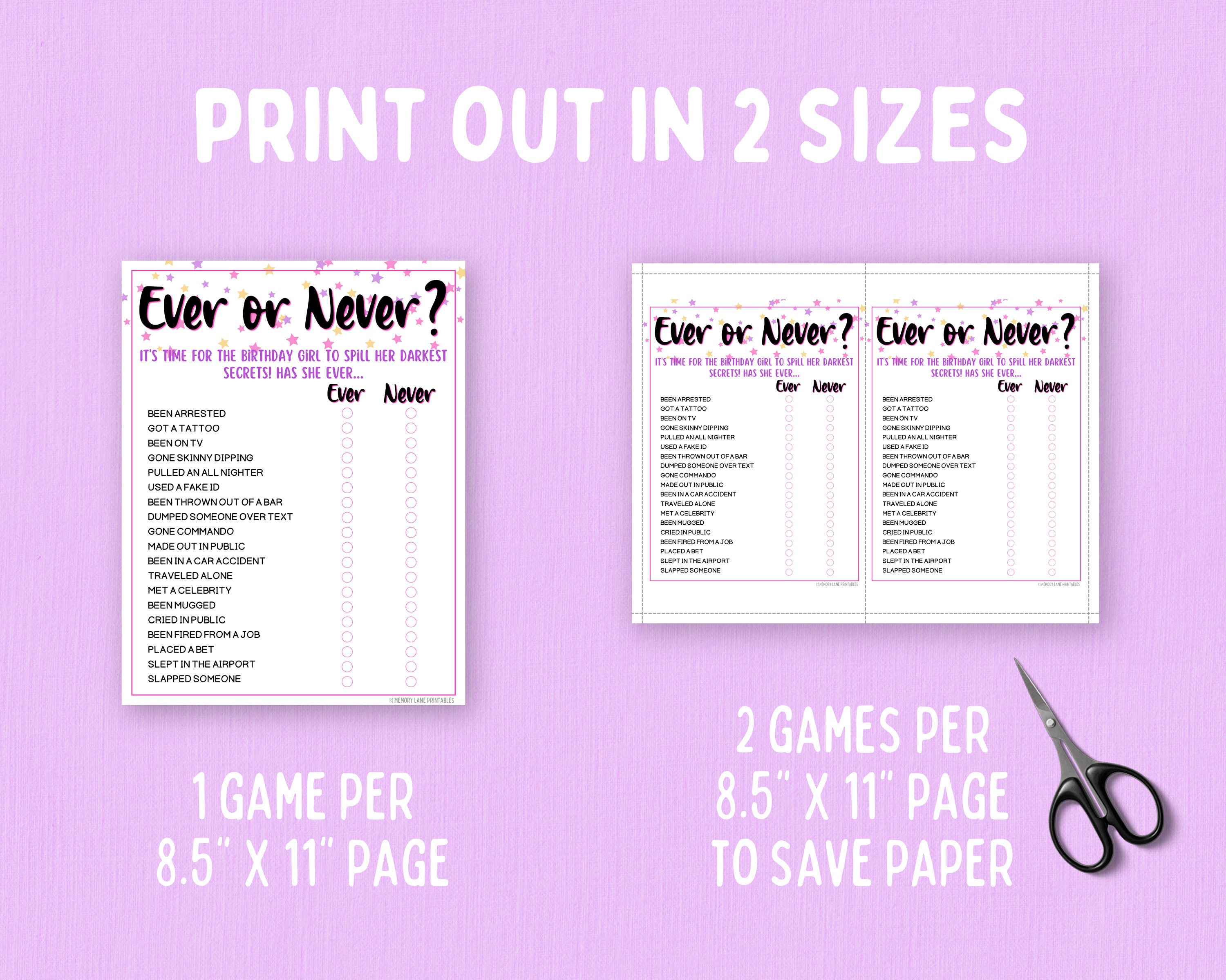 Ever or Never Birthday Game Birthday Game for Her Adult Birthday Party ...