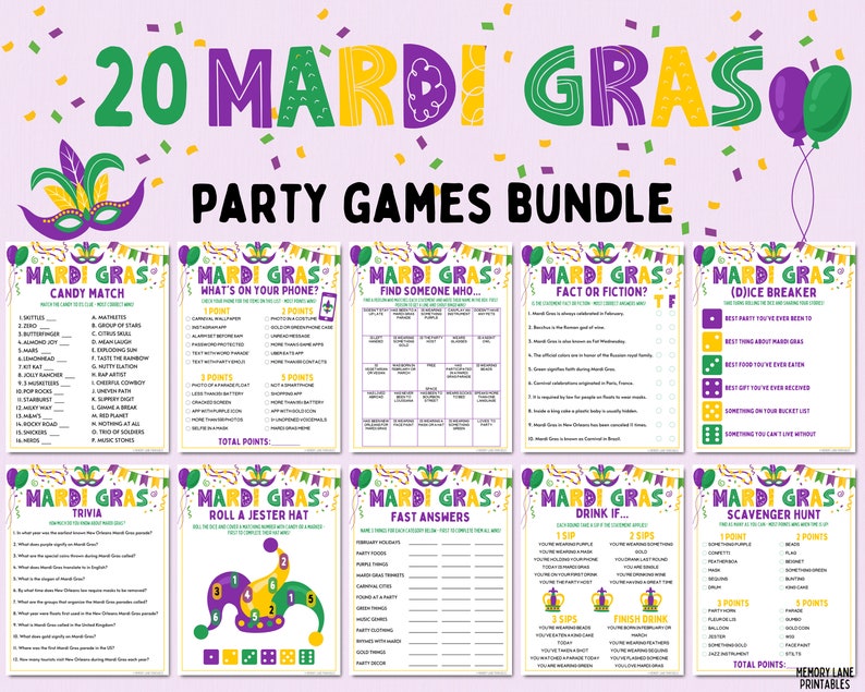 Mardi Gras Games Bundle | Mardi Gras Party Games | Fun Printable Games ...