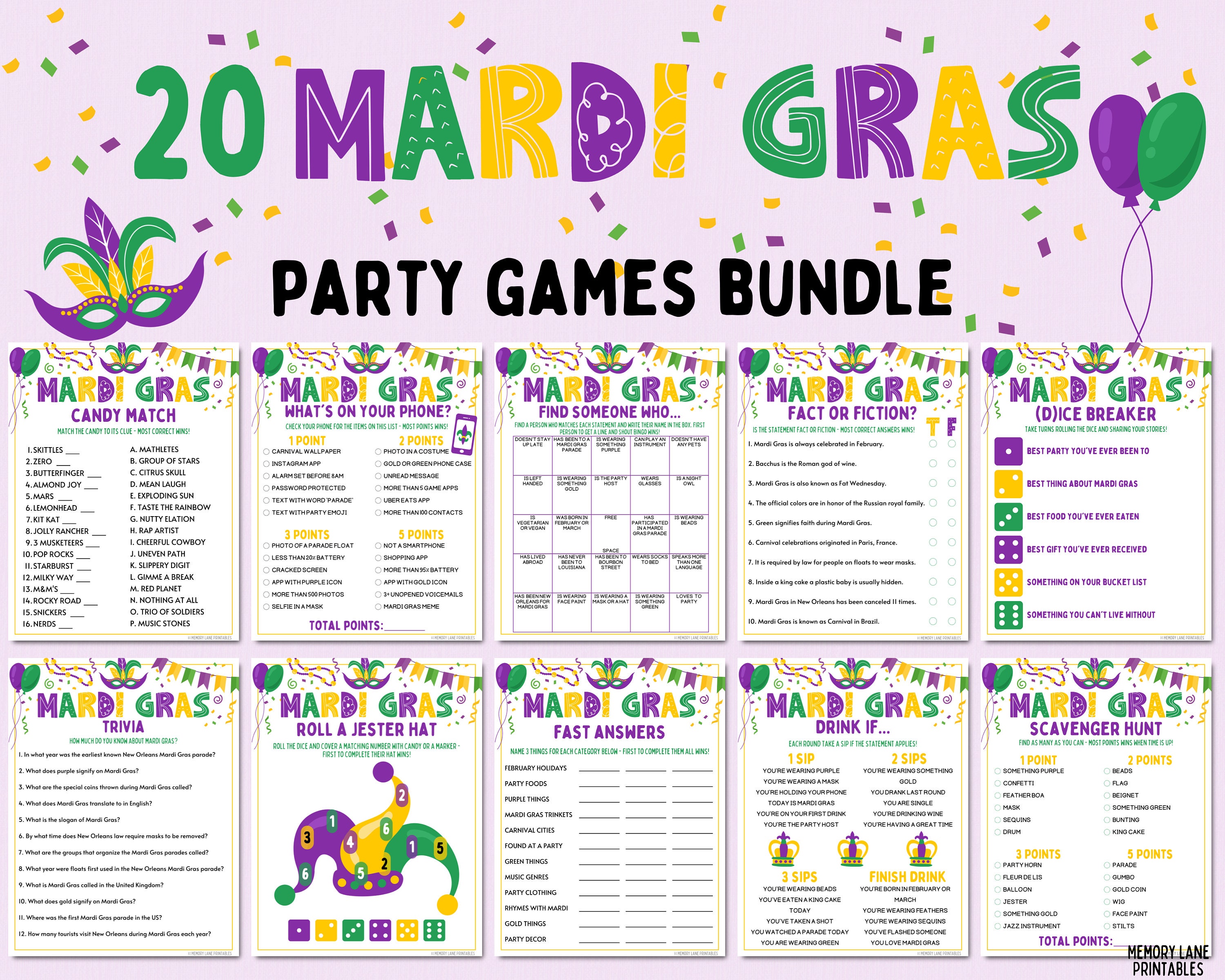 Mardi Gras Games Bundle Mardi Gras Party Games Fun Printable Games ...