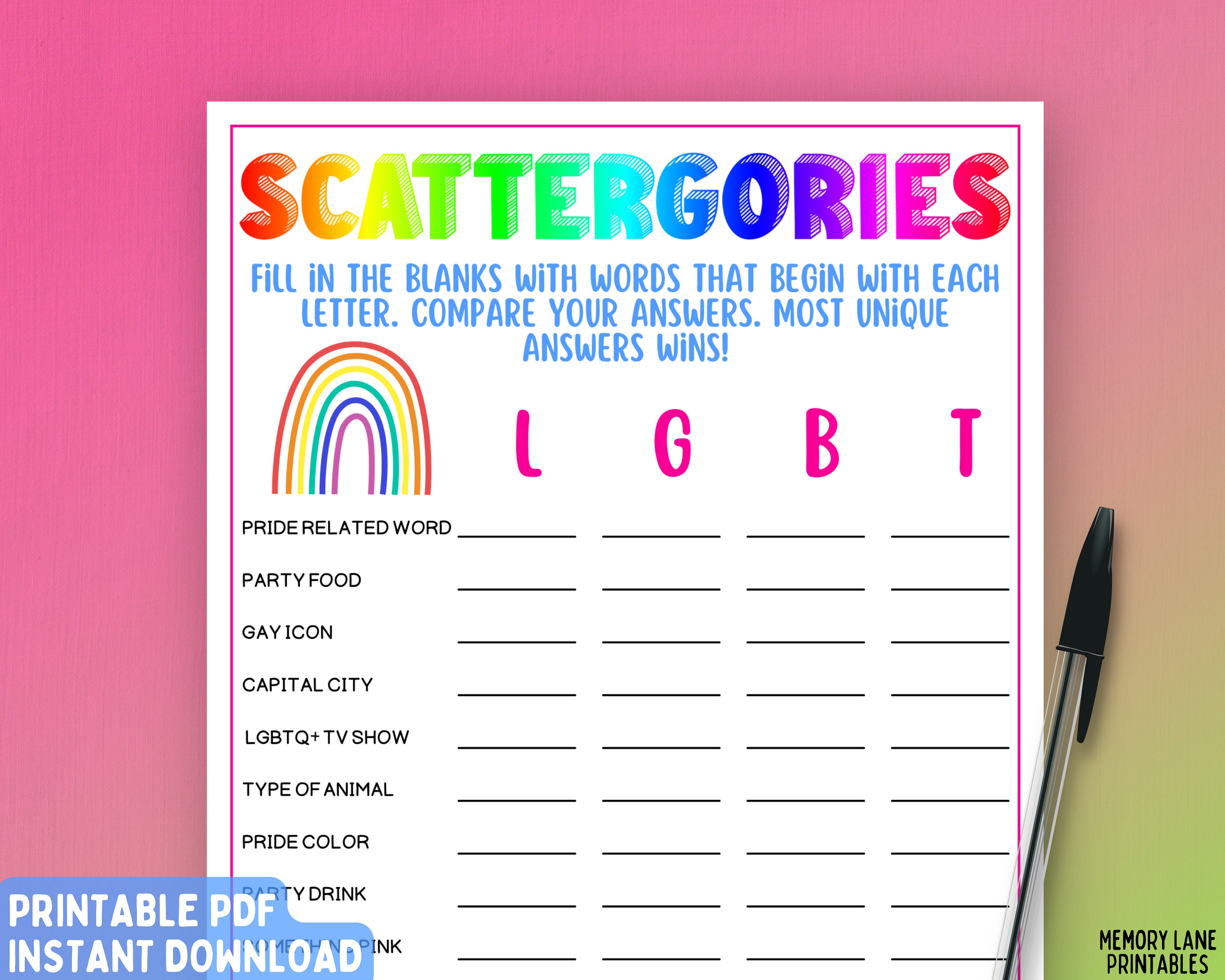 Pride Scattergories Game LGBTQ Pride Party Game Pride Party Game ...