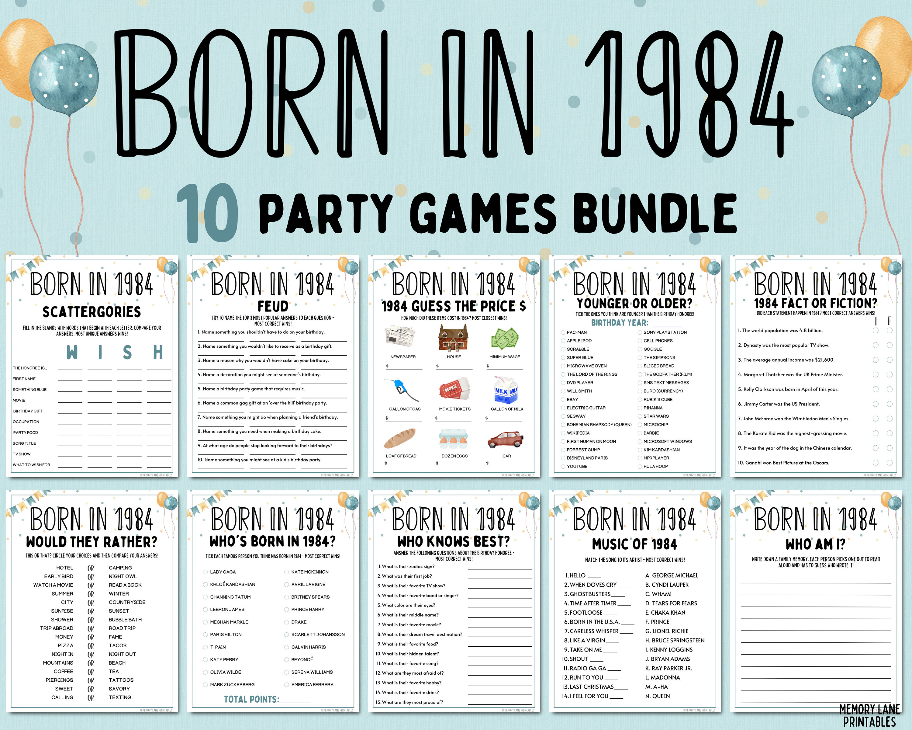 40th Birthday Party Games Bundle Born in 1984 Games 40th Birthday Games ...