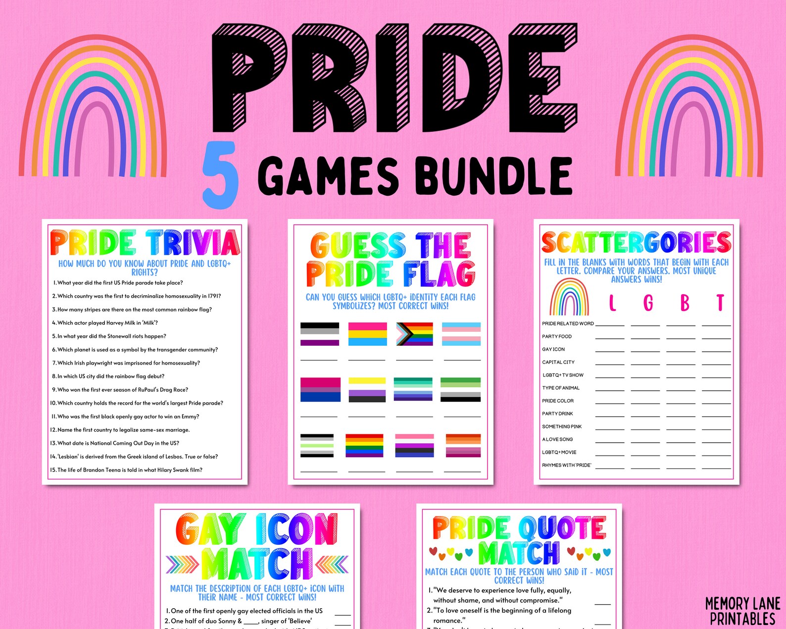 Pride Party Games Bundle | 5 LGBTQ+ Pride Games | Pride Trivia Games ...