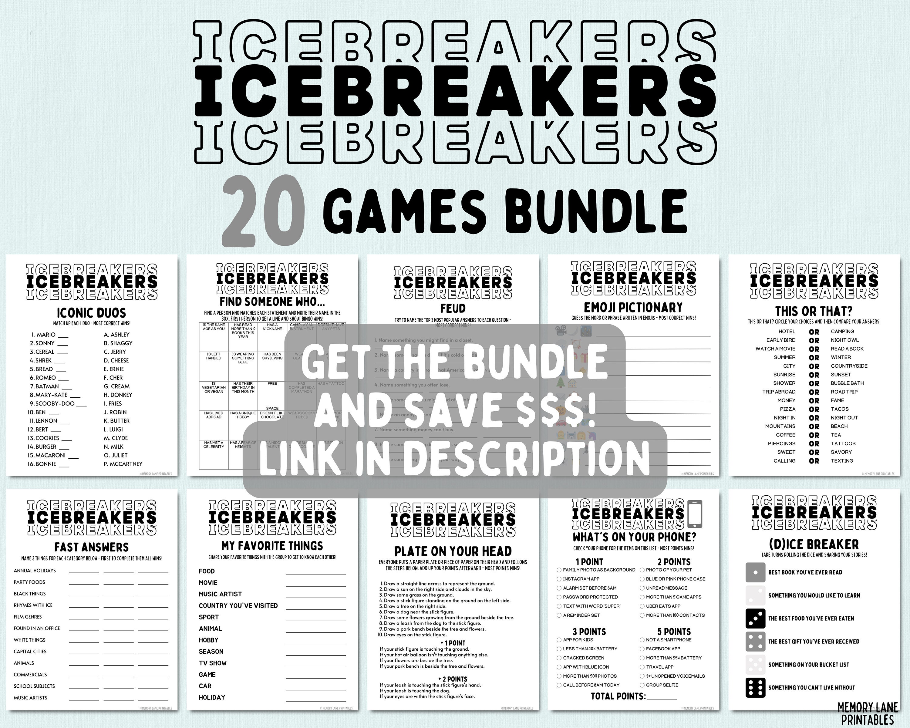 Icebreaker Games Bundle Group Activity Office Games Fun Printable Games ...