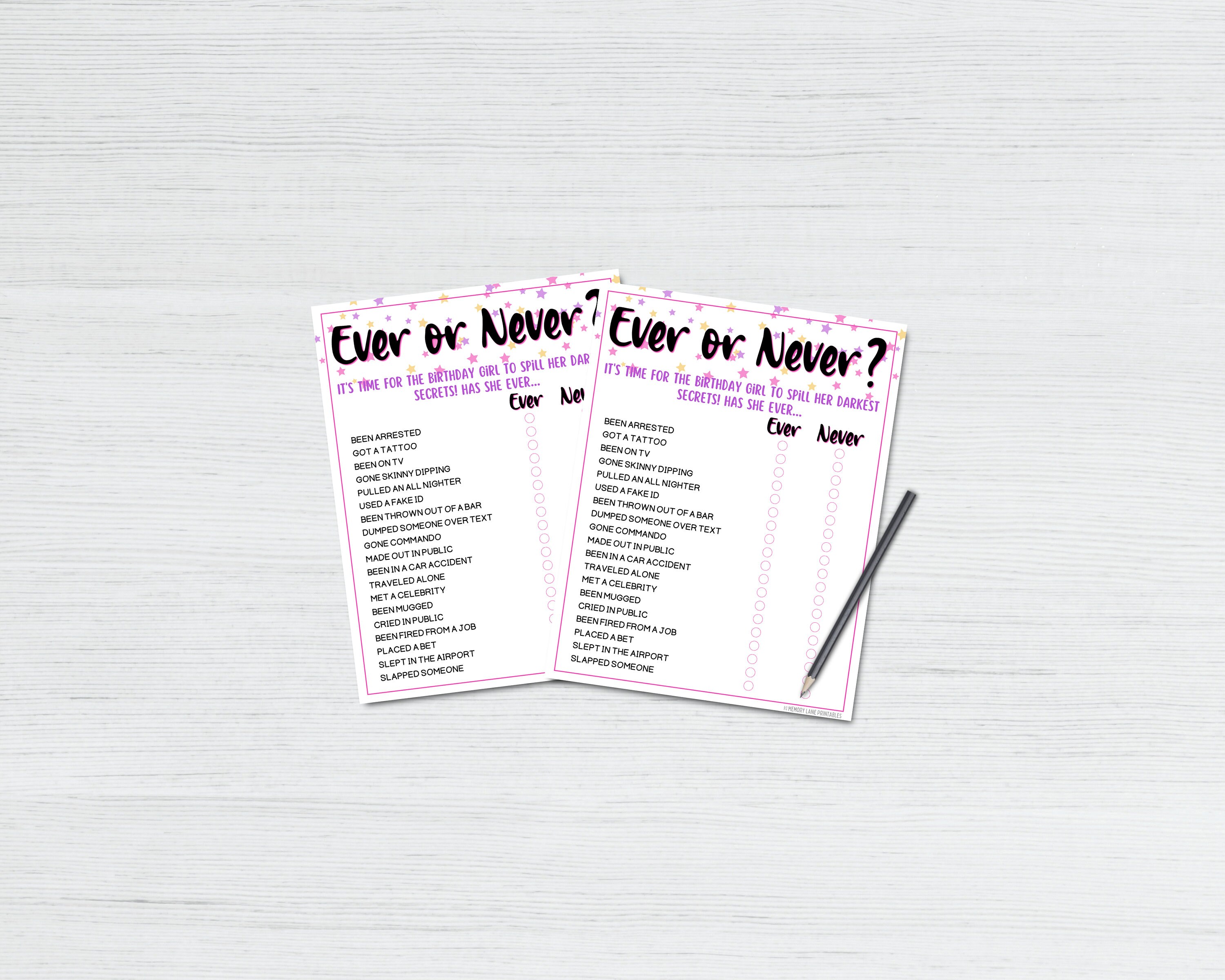 Ever or Never Birthday Game Birthday Game for Her Adult Birthday Party ...