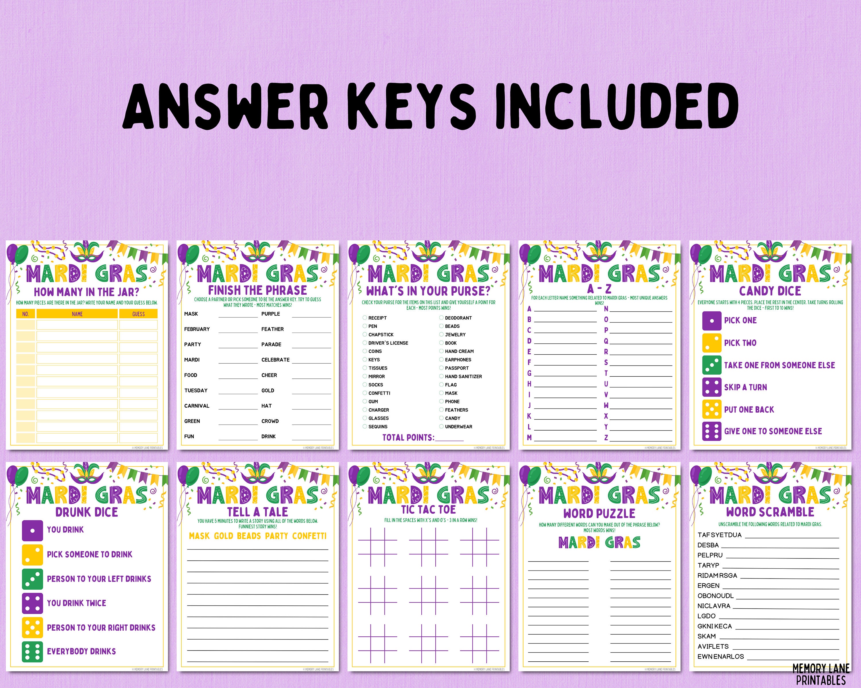 Mardi Gras Games Bundle Mardi Gras Party Games Fun Printable Games ...