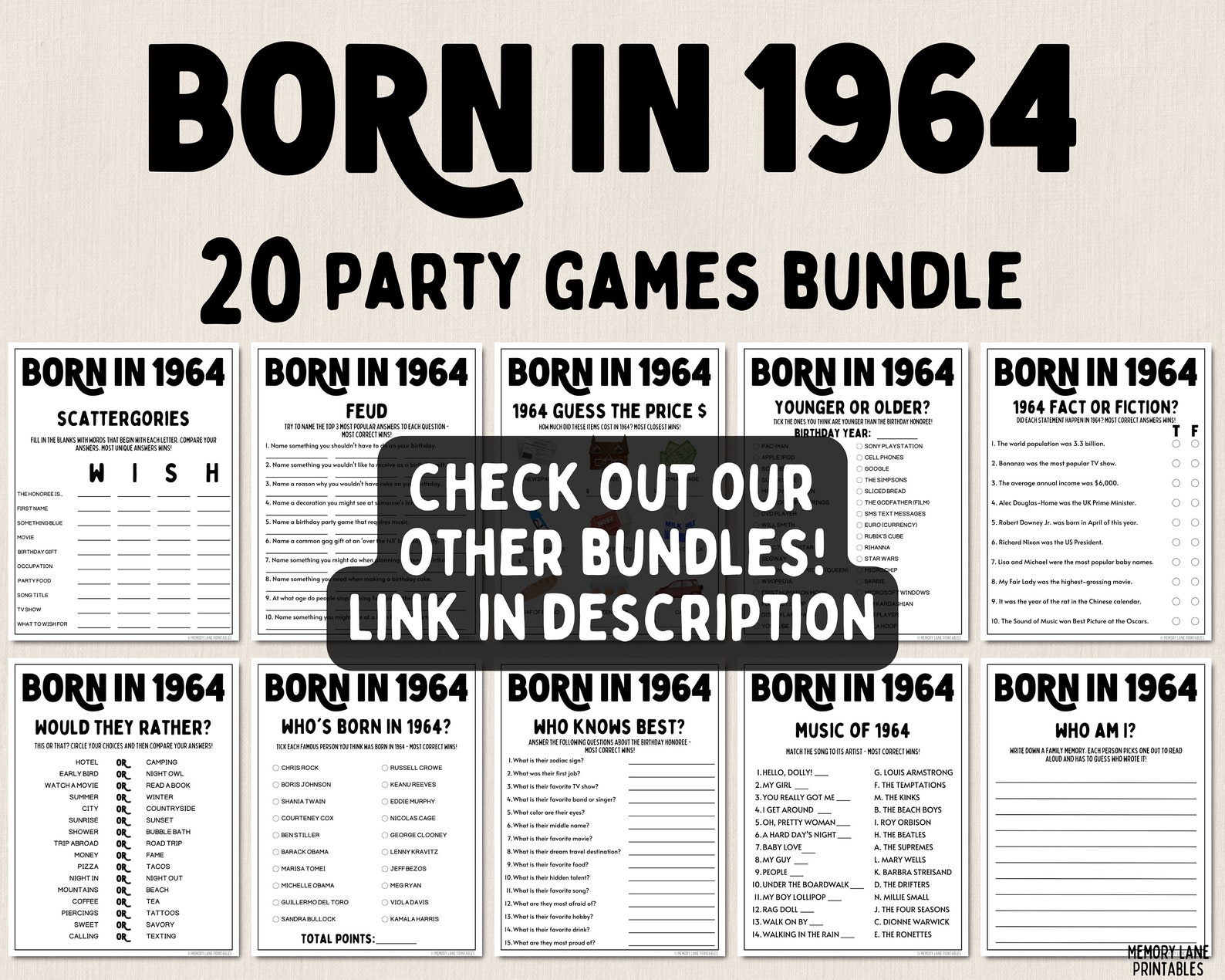 60th Birthday Party Games Bundle Born in 1964 Games 60th Birthday Games ...