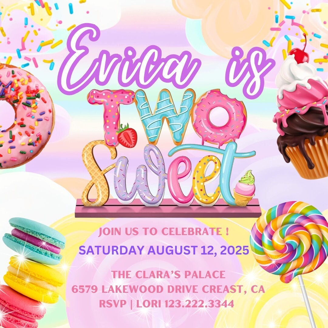 TWO SWEET INVITATION, Kids Party, Sweets Theme Invitation, Sweets ...
