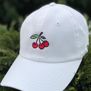 Personalized Cherry Hat: 100% Cotton White Baseball Cap Unisex, Custom Embroidered Cherries ...