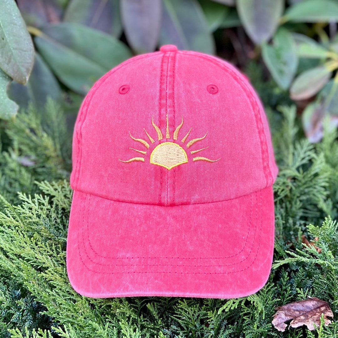 Half Sun Hat, Solar Symbol Cap Embroidered, Red Distressed Baseball ...