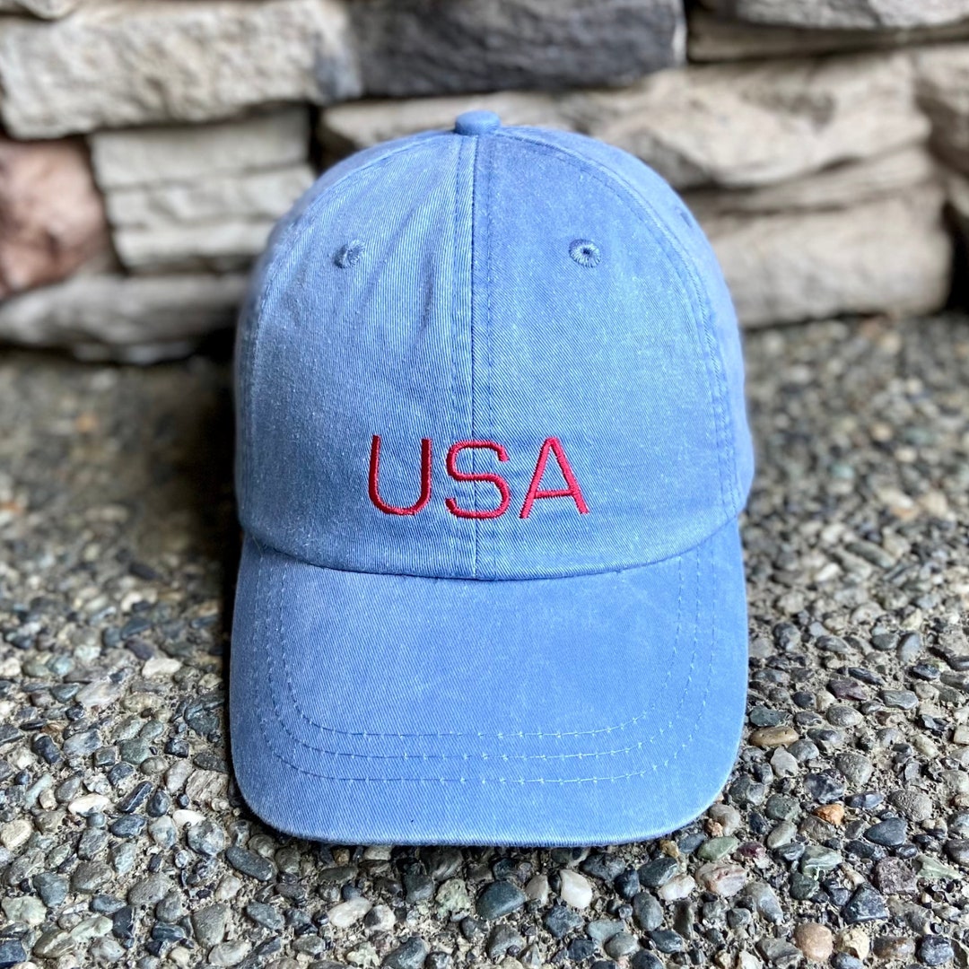 USA Baseball Hat Embroidered, Blue Adams Cool Crown Hat W/ Leather ...