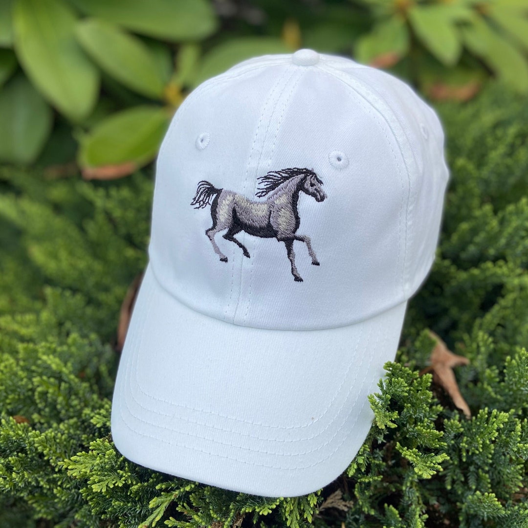 Silver Horse Running Embroidered Cap Unwashed White Dad Hat, 100% ...