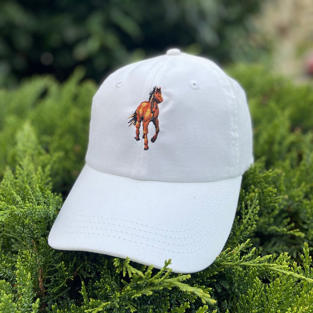 Brown Horse Running Embroidered Cap Unwashed White Dad Hat, 100% Cotton ...