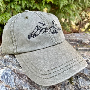 Embroidered Mountain Hat: 100% Cotton Green Distressed Baseball Cap ...