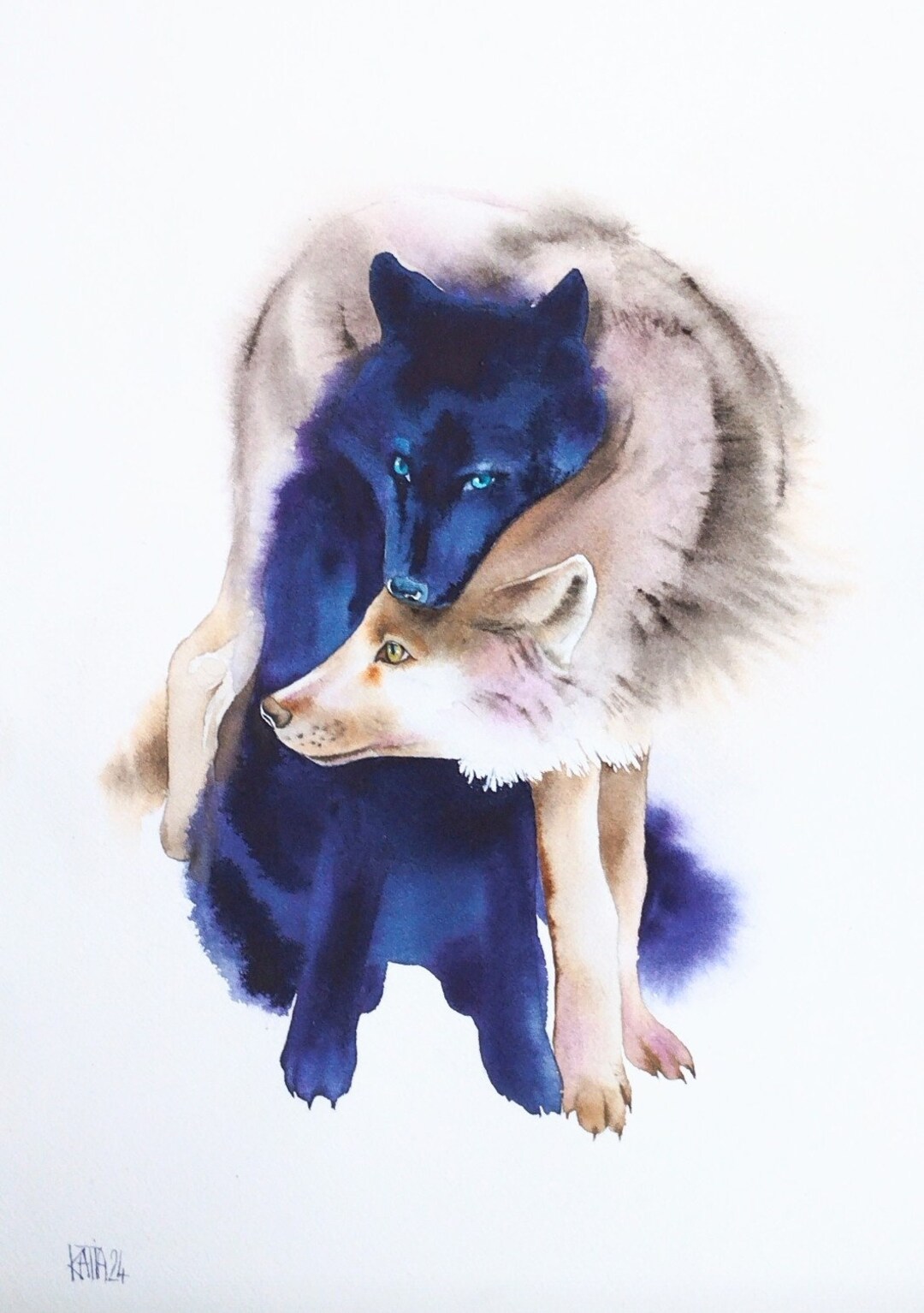 Two Wolves, Original Watercolor Painting, Couple of Gray and Black ...