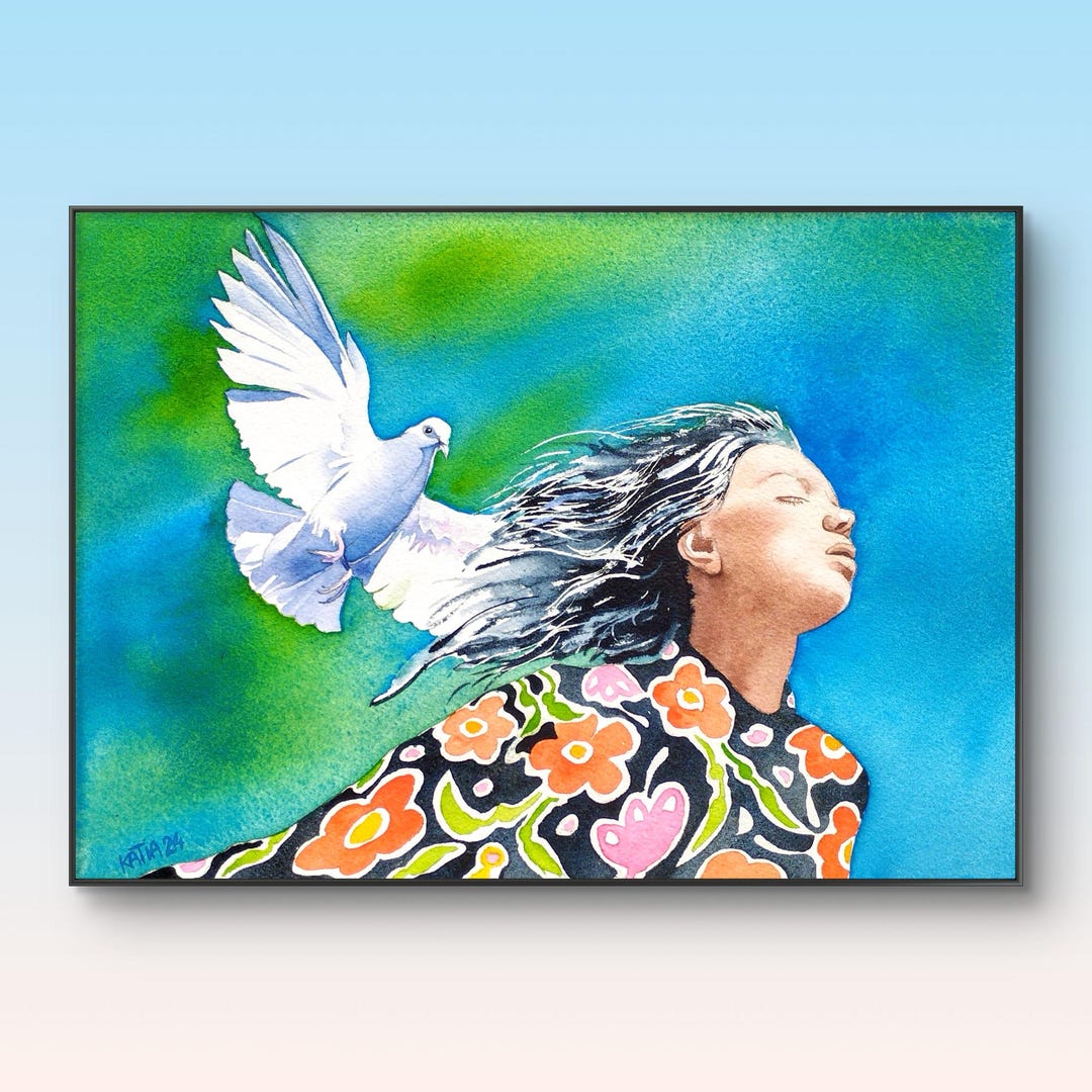 Native American Girl and Peace Dove Bird Painting,mother Earth Woman ...