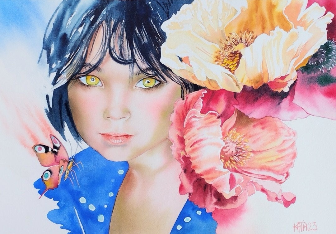 Little Gypsy Girl and Red and Yellow Poppy Flowers, Original Watercolor ...