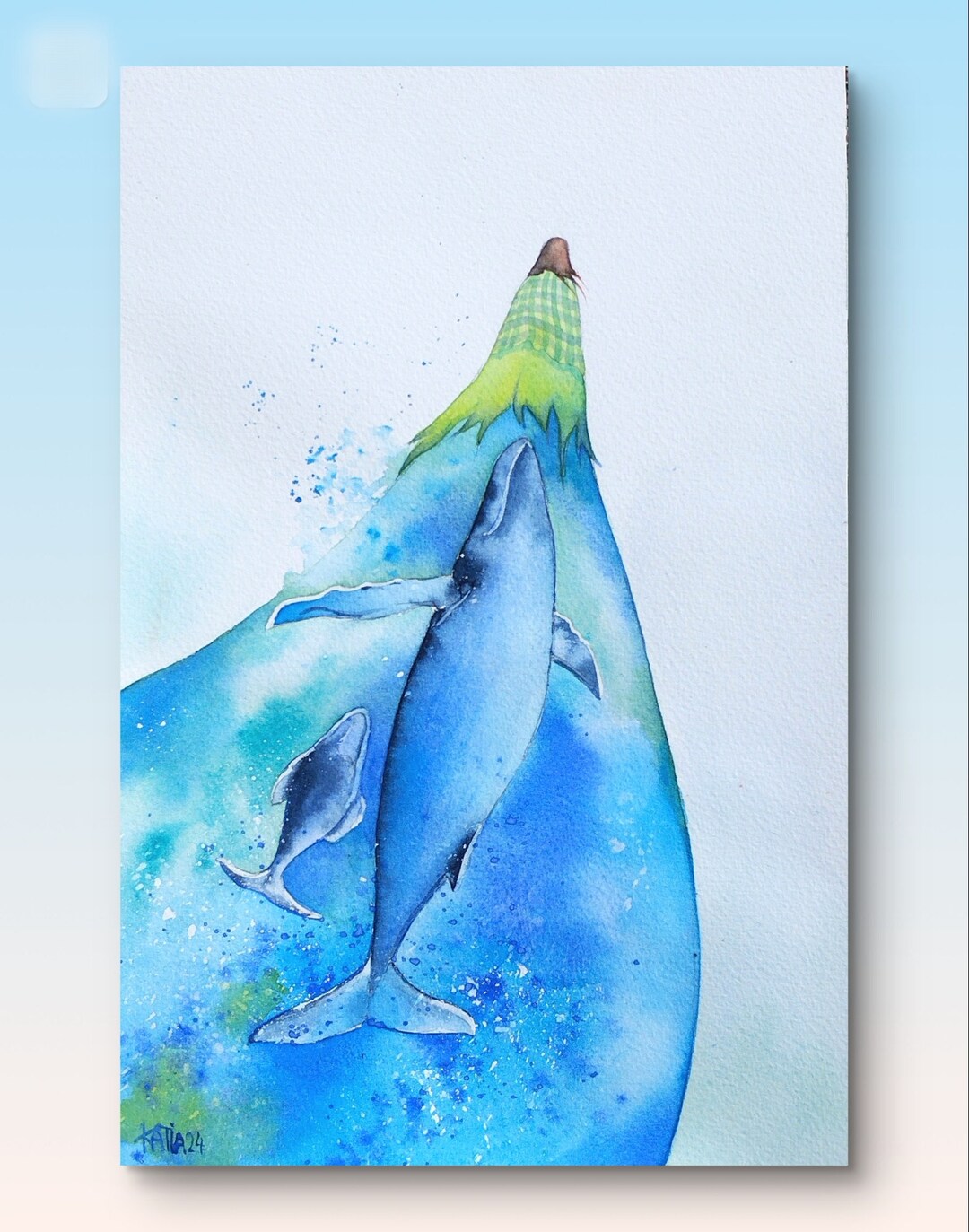 Blue Whale and Calf in the Mermaid's Coat of Water, Original Watercolor ...