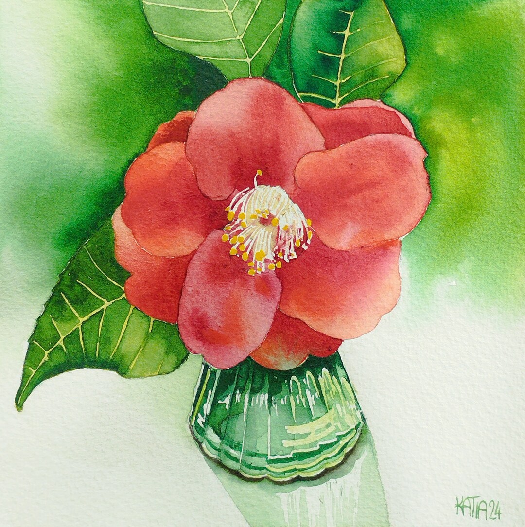 Colorful Red Camelia Flower Painting From the Garden, Original ...