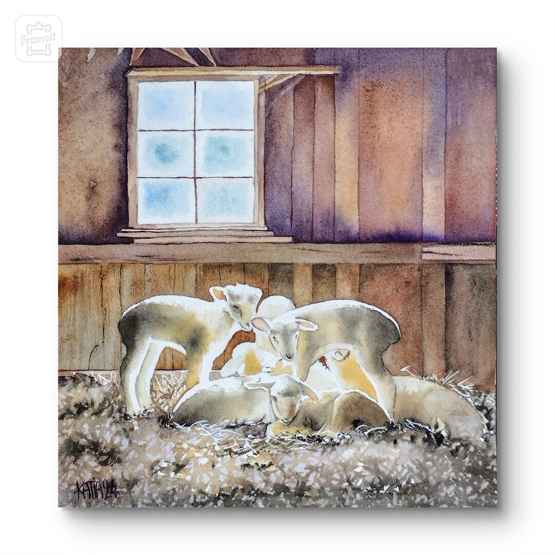Painting of Baby Sheep in the Sheepfold, Cottage, Flock of Lambs ...