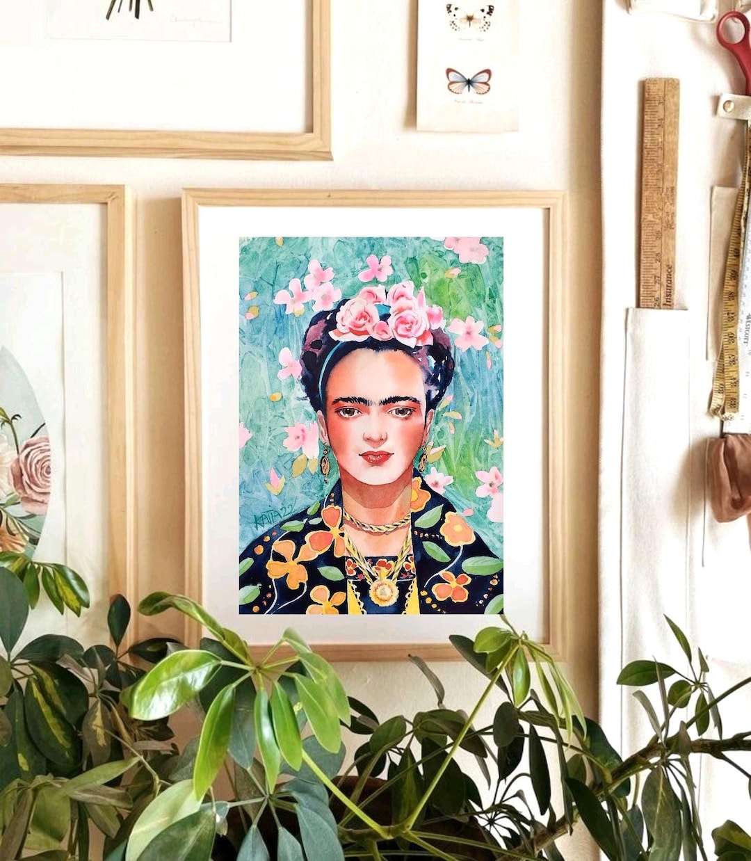 Portrait of Frida Kahlo Surrounded by Flowers, Painting of Woman With ...