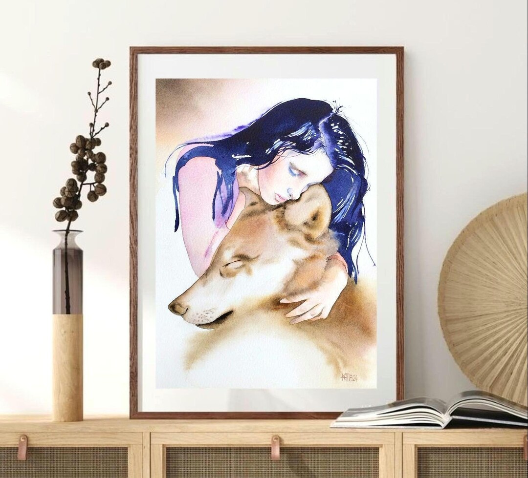 Native American Woman Hugging a Wolf, Wild Love, Shaman, Wolf Spirit ...