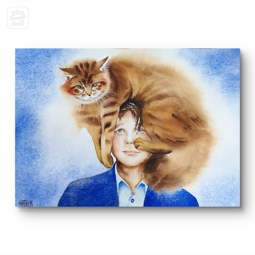 Original Watercolor Painting Boy and His Ginger Cat,man and Animal ...