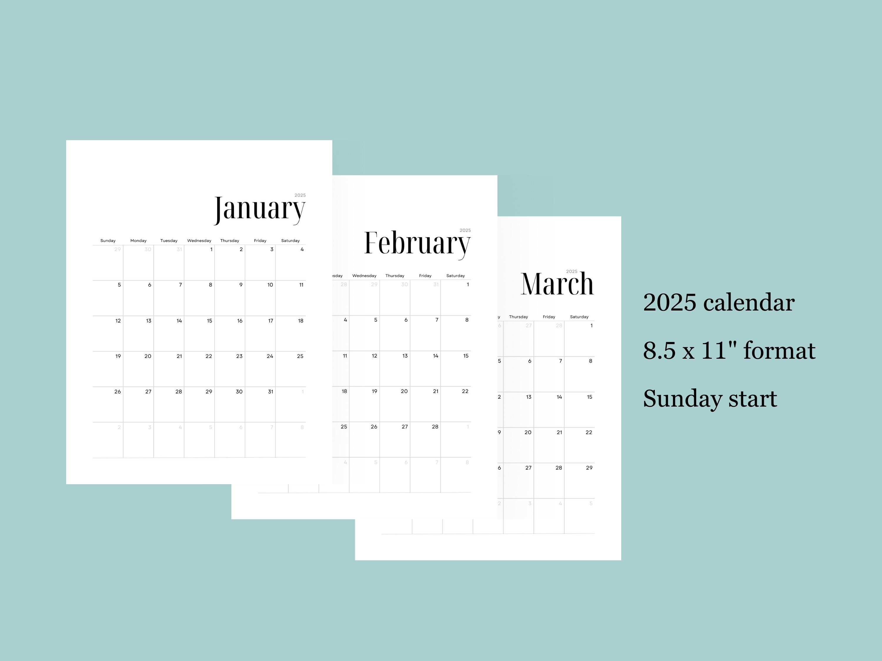 Printable Calendar 2025 Minimalist Design Blank 8.5 X 11 - Etsy
