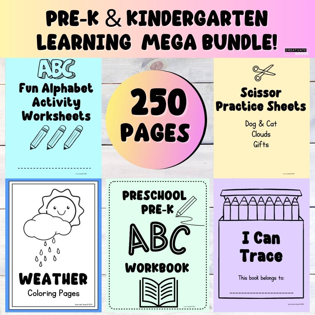 250-page Pre-k & Kindergarten Mega Workbook Bundle | Tracing, Cutting ...