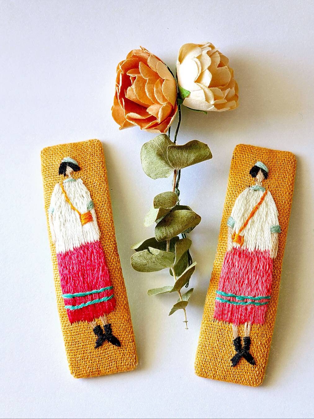Gift for Her, Embroidered Hair Clips, Embroidered Little Girl, Handmade ...