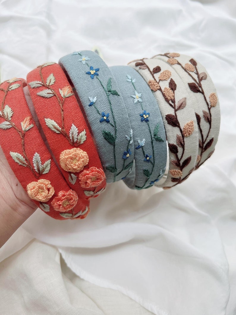 Floral Embroidered Linen Headband: Handmade Hair Accessory - Etsy