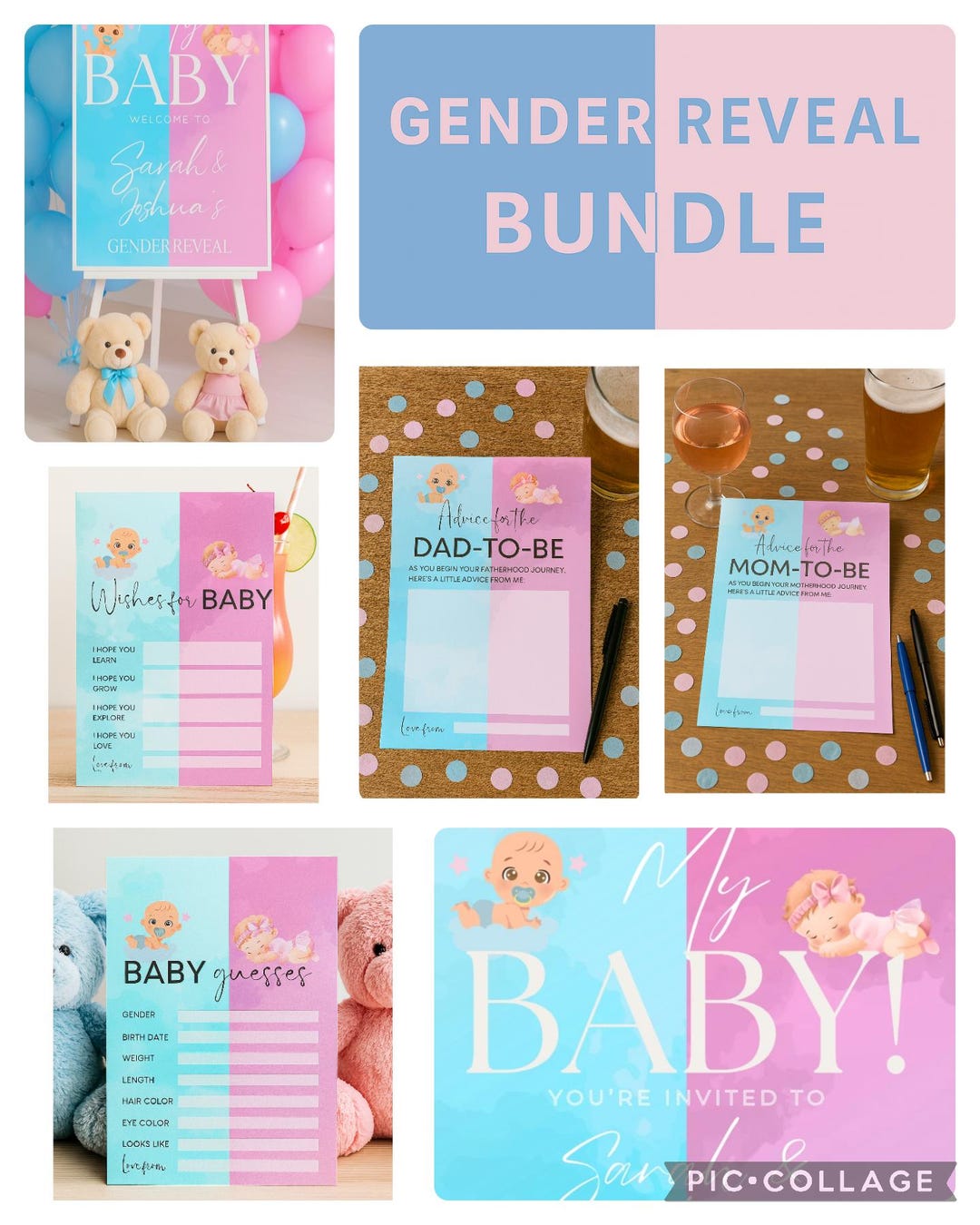 6 Piece Gender Reveal Party Bundle Pink & Blue Theme 6 Items. Invite ...