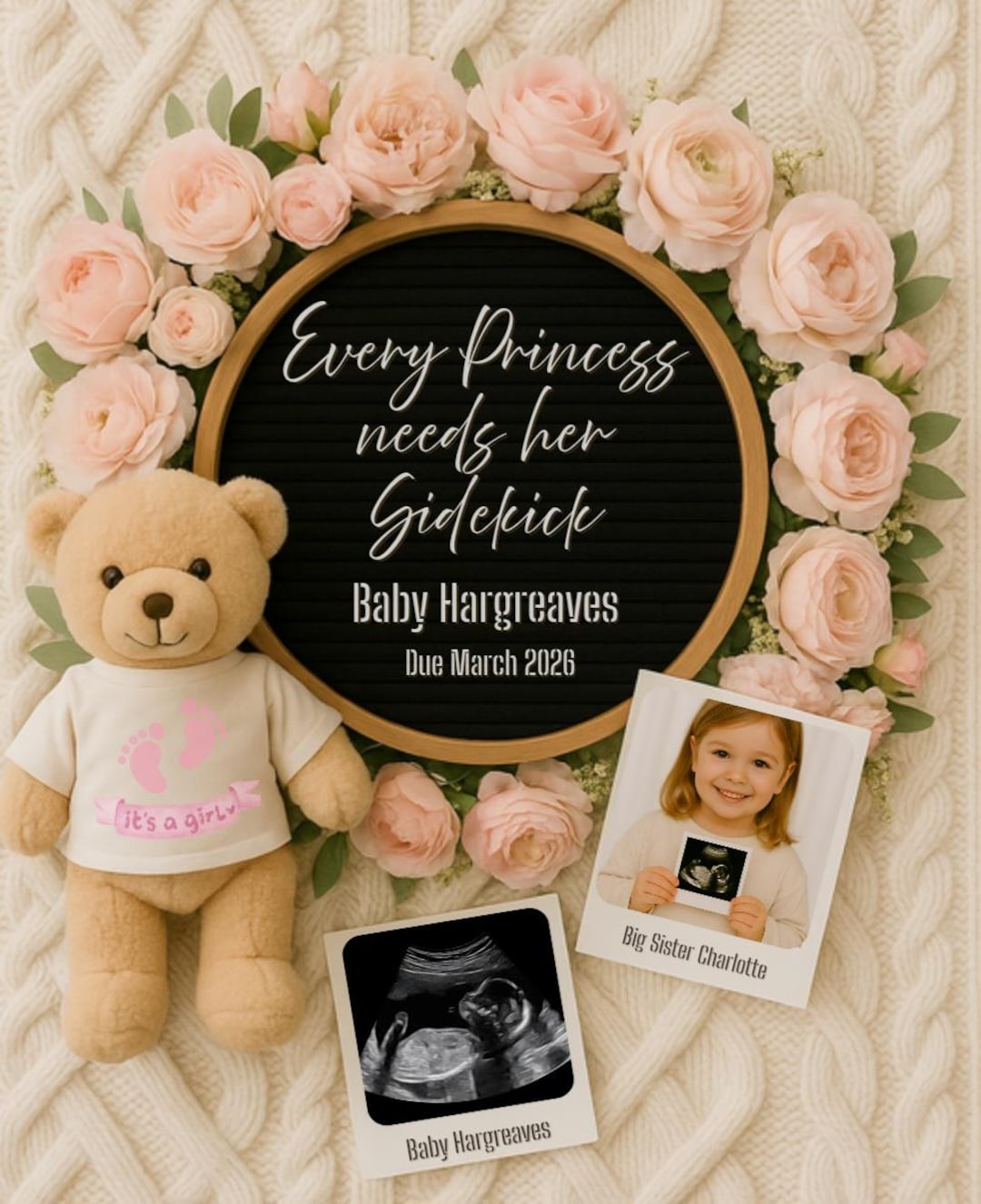 Princess Sidekick Baby Announcement: Big Sister Canva Template (digital ...