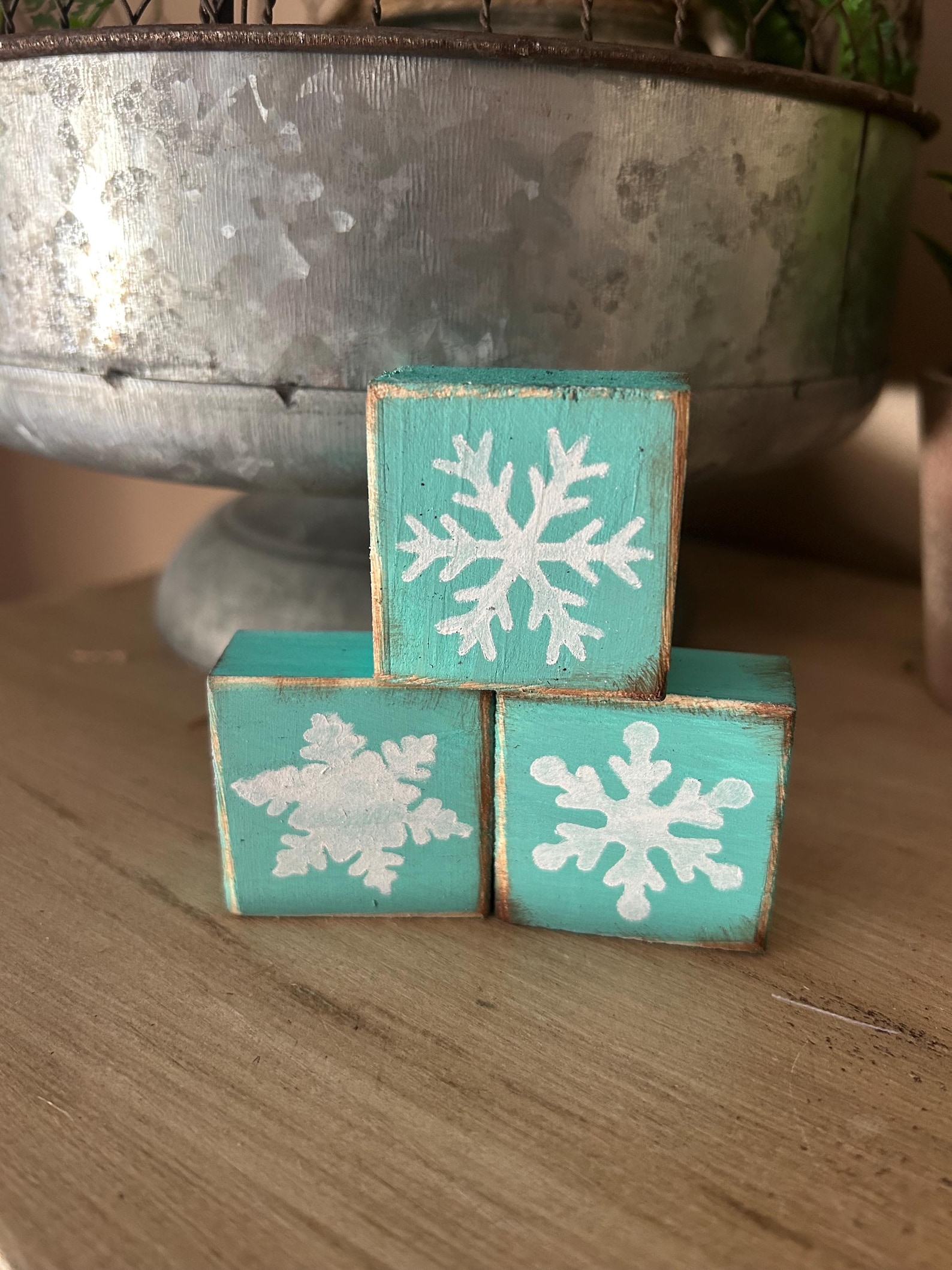 Snowflake Mini Wooden Block Set 3 Christmas Winter Tiny Tier Tray Decor ...