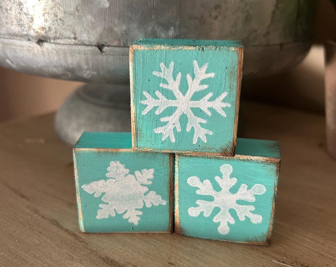 Snowflake Mini Wooden Block Set 3 Christmas Winter Tiny Tier Tray Decor ...