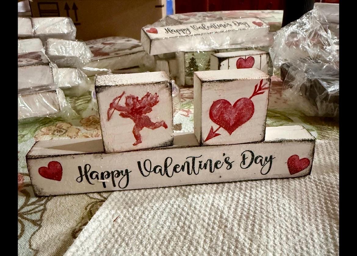 Happy Valentine’s Day Hanging Pink Hearts Thick Wood Stacking Blocks ...