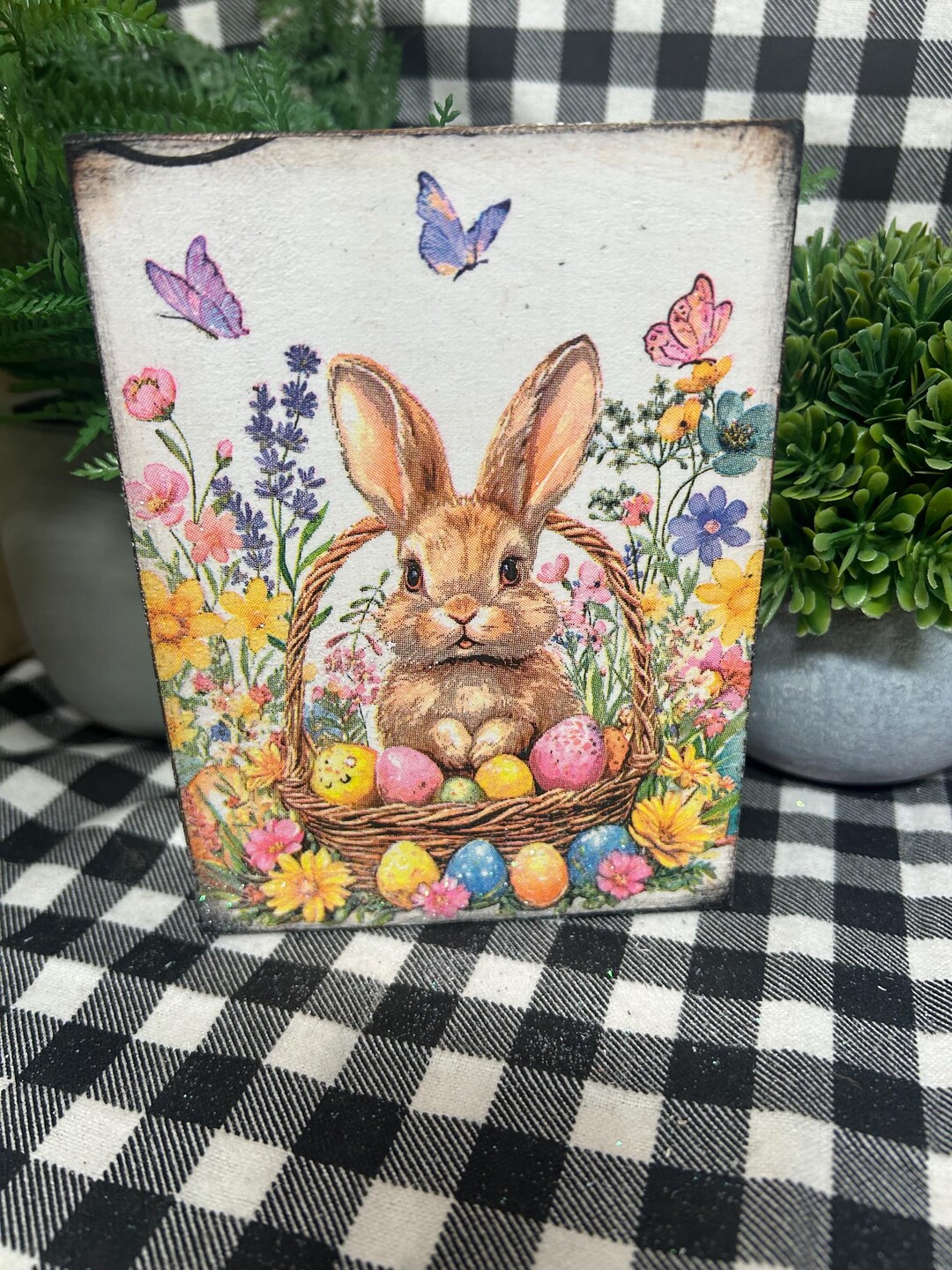 Spring Bunny Rabbit Happy Easter Egg Basket Wood Stacking Block Signs ...