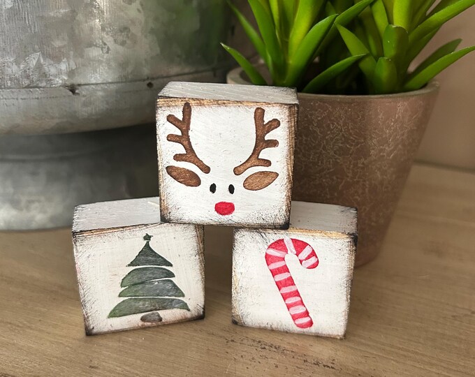 Deer Tree Candycane Mini Wooden Block Set 3 Christmas Tiny Tier Tray ...